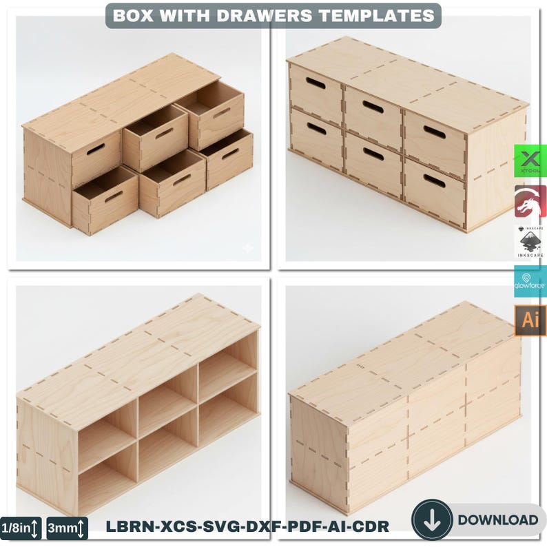 Laser Cut Box With Drawers / Modular Storage Boxes / Wooden Organizers SVG / Storage Box ...