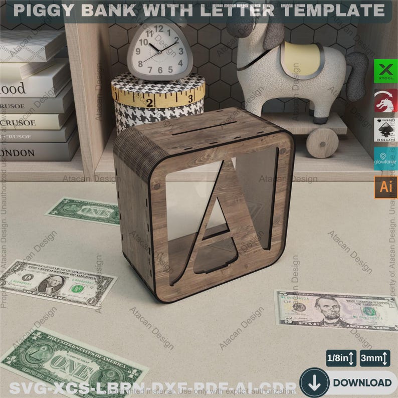 Personalized Wood Letter Bank - Laser Cut Design Rustic Piggy Bank ...
