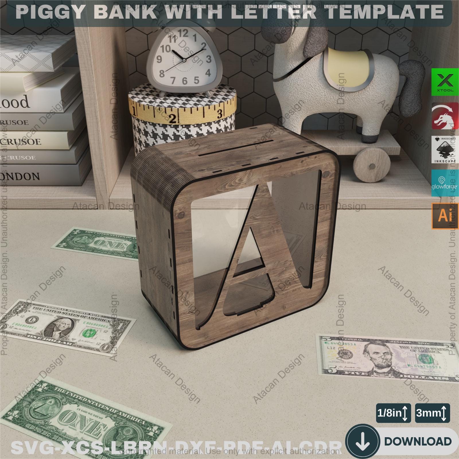 Personalized Wood Letter Bank - Laser Cut Design Rustic Piggy Bank ...
