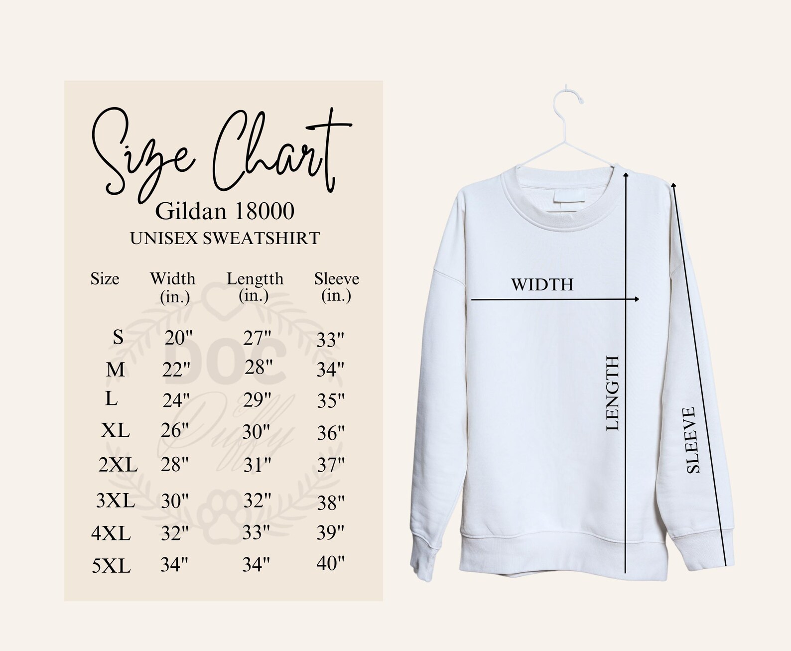 Gildan 18000 Sweatshirt Size Chart Mockups: Unisex Fit (digital ...