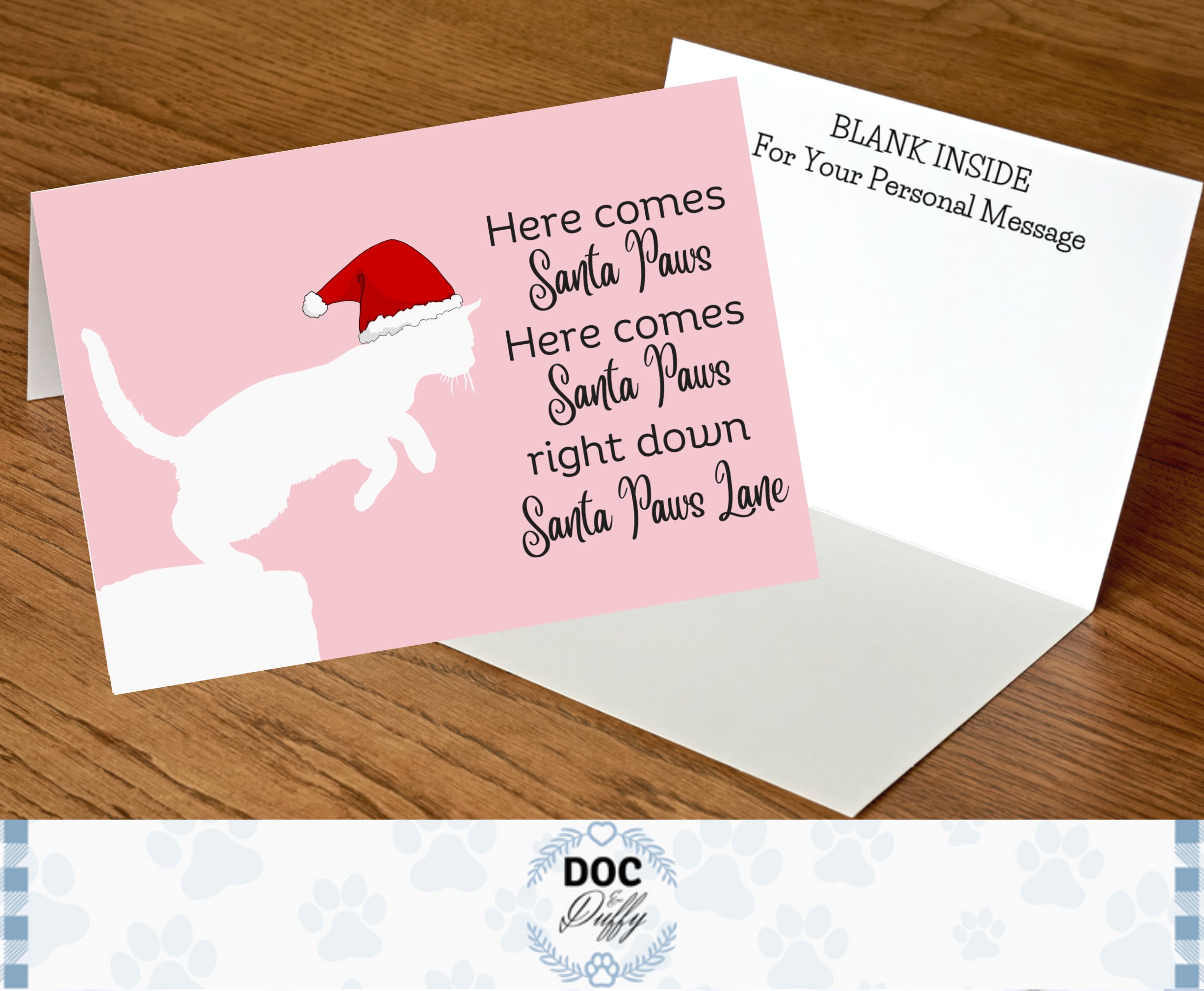 Cat Christmas Card Pink Printable, Here Comes Santa Paws Christmas Card ...