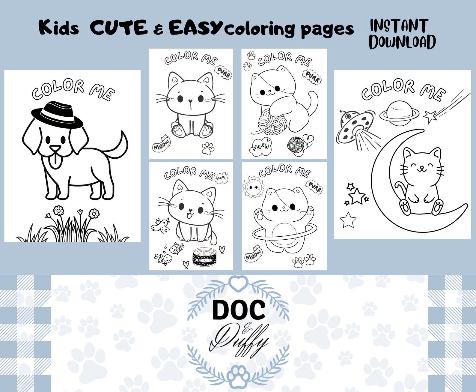 Easy Coloring Pages for Kids Printable, Cat and Dog Coloring Sheets for ...