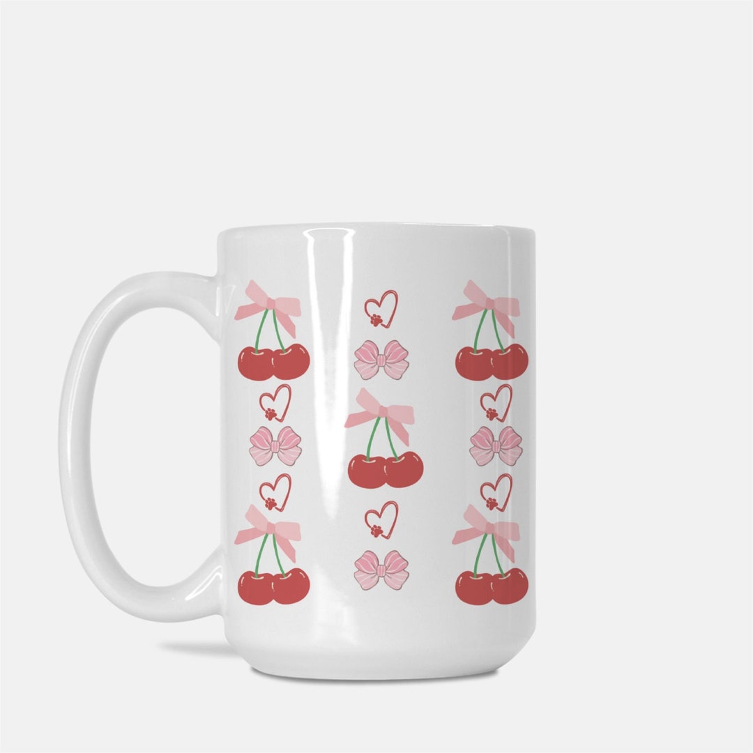 Coquette Mug, Pink Bows Cherries Hearts Paw Prints Ceramic Mug, Coffee ...