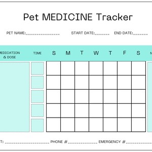 Dog Medication Tracker Printable, Cat Medication Chart, Vet Medicine ...