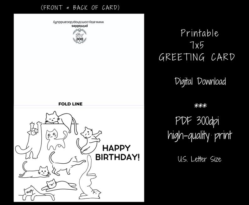 Doodle Cats Birthday Card: Printable for Cat Mom or Cat Parent, PDF ...
