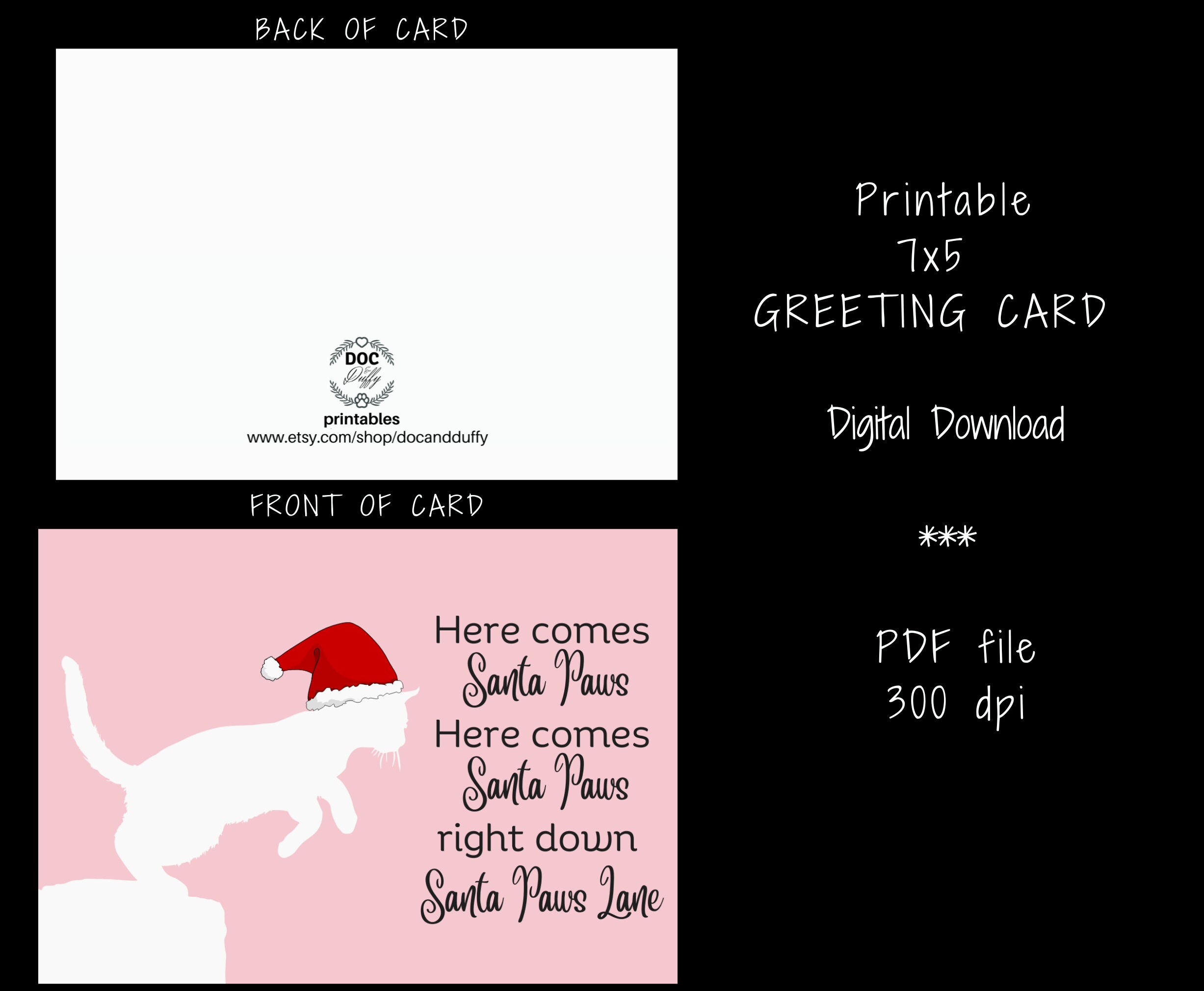 Cat Christmas Card Pink Printable, Here Comes Santa Paws Christmas Card ...
