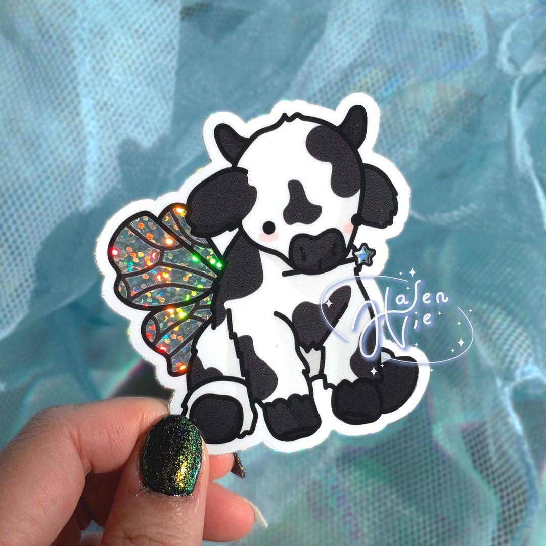 Fluffy Punk Cow Sticker | Glossy Vinyl, Black Cow, Glitter, Holographic ...