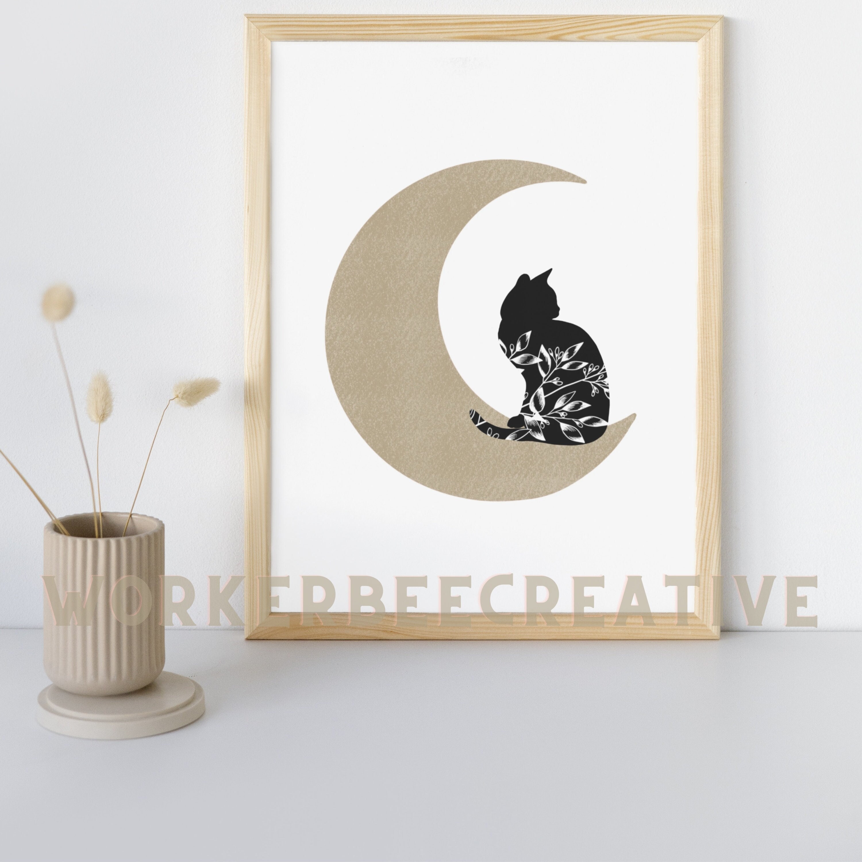 Moon and Cat Wall Art, Witchy Wall Art, Floral Cat and Moon, Mystical ...