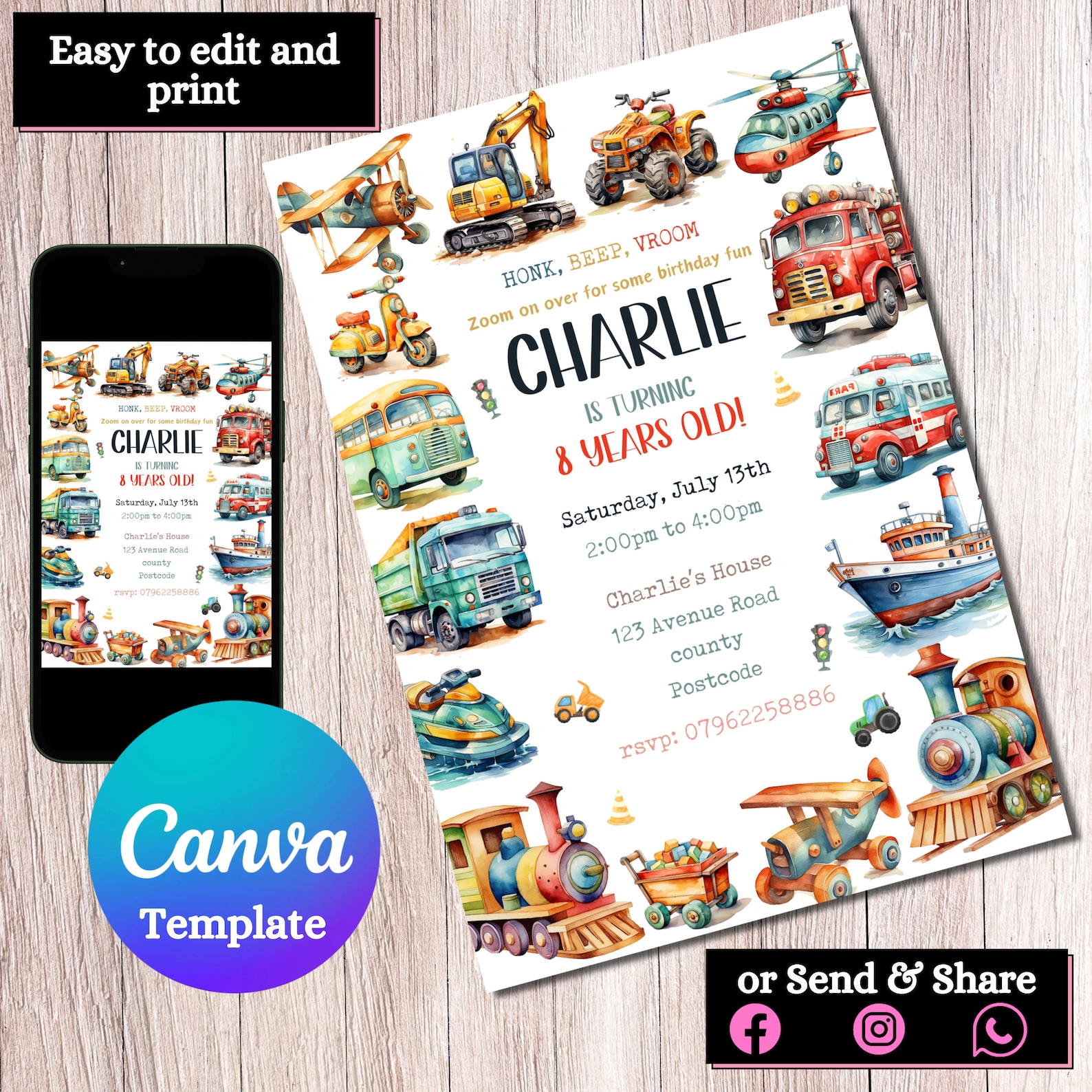 Transportation Birthday Invitation Template: Vehicle Party (digital ...