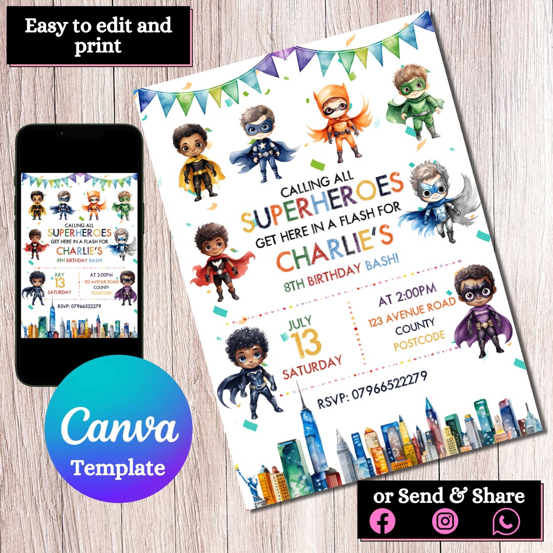 Editable Superheroes Birthday Invitation Digital, Superhero Kid Evite ...