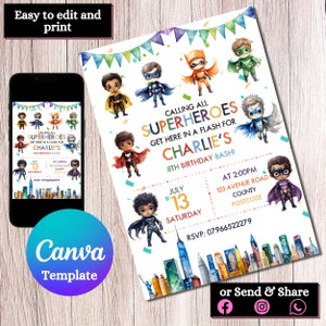Editable Superheroes Birthday Invitation Digital, Superhero Kid Evite ...