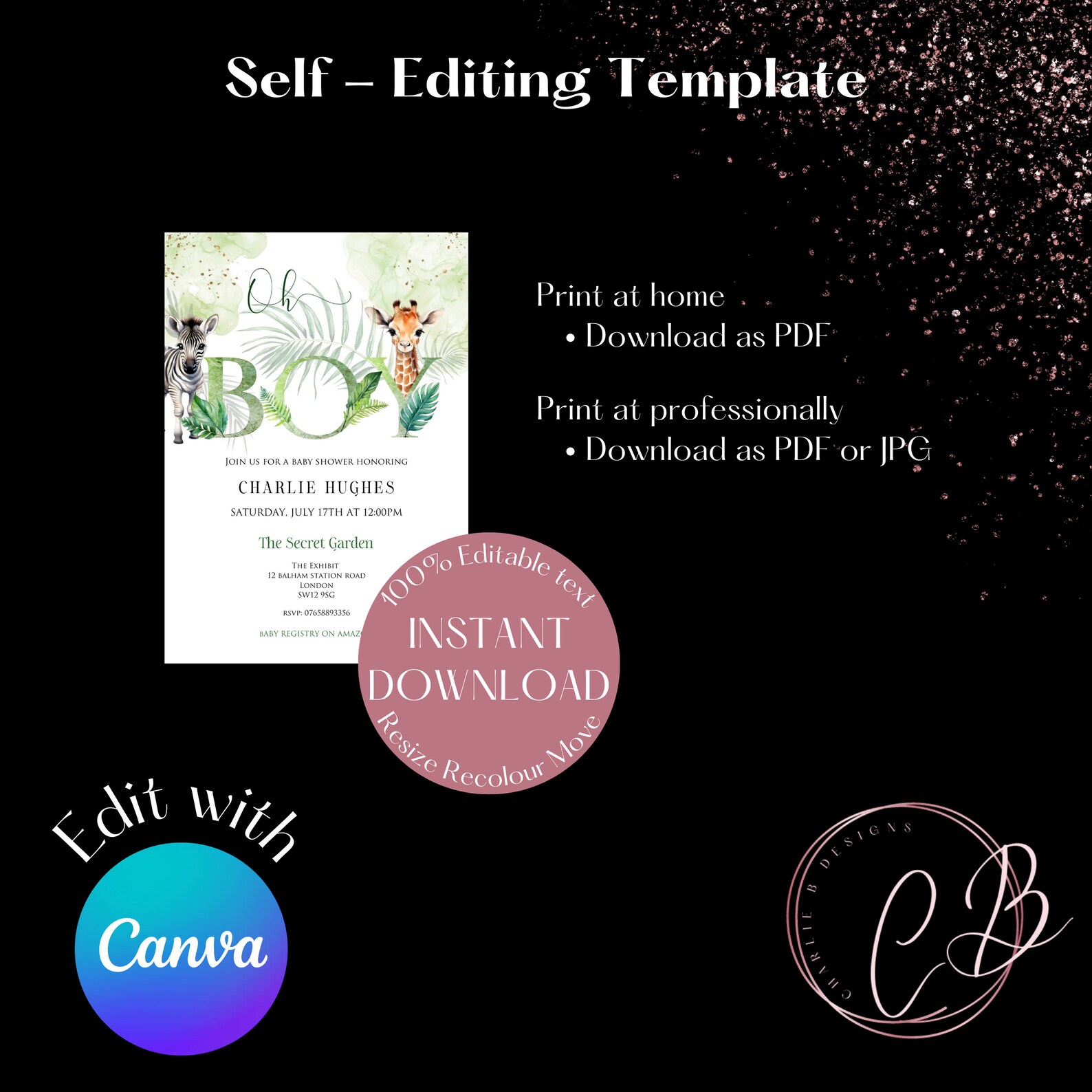 EDITABLE Safari Baby Shower Invitation Boy Suite, Jungle Greenery ...