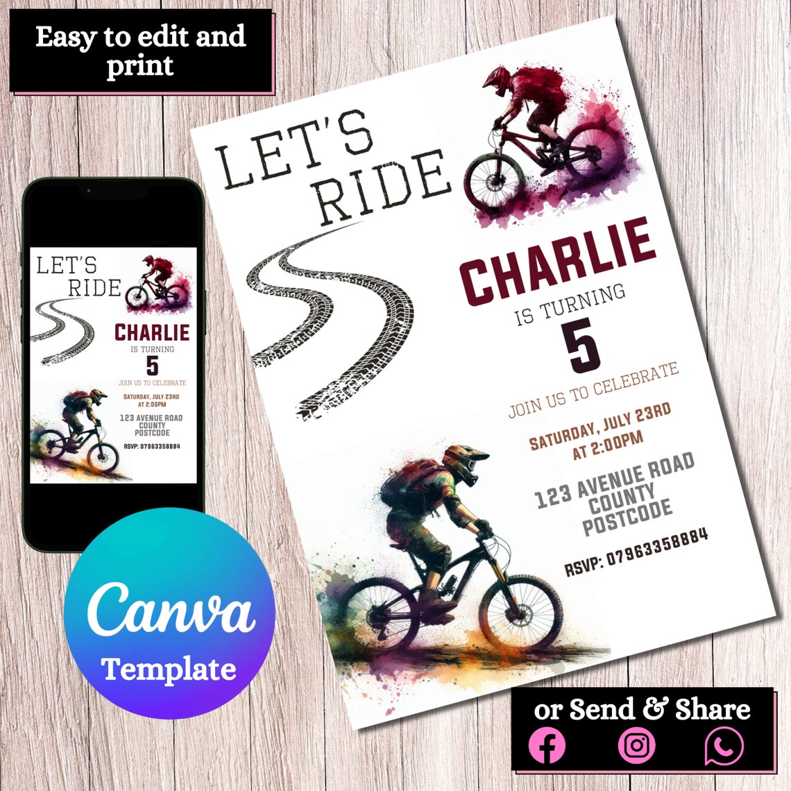 Bike Birthday Invitation, Mountain Bike Invite, 5th Birthday, Boy ...