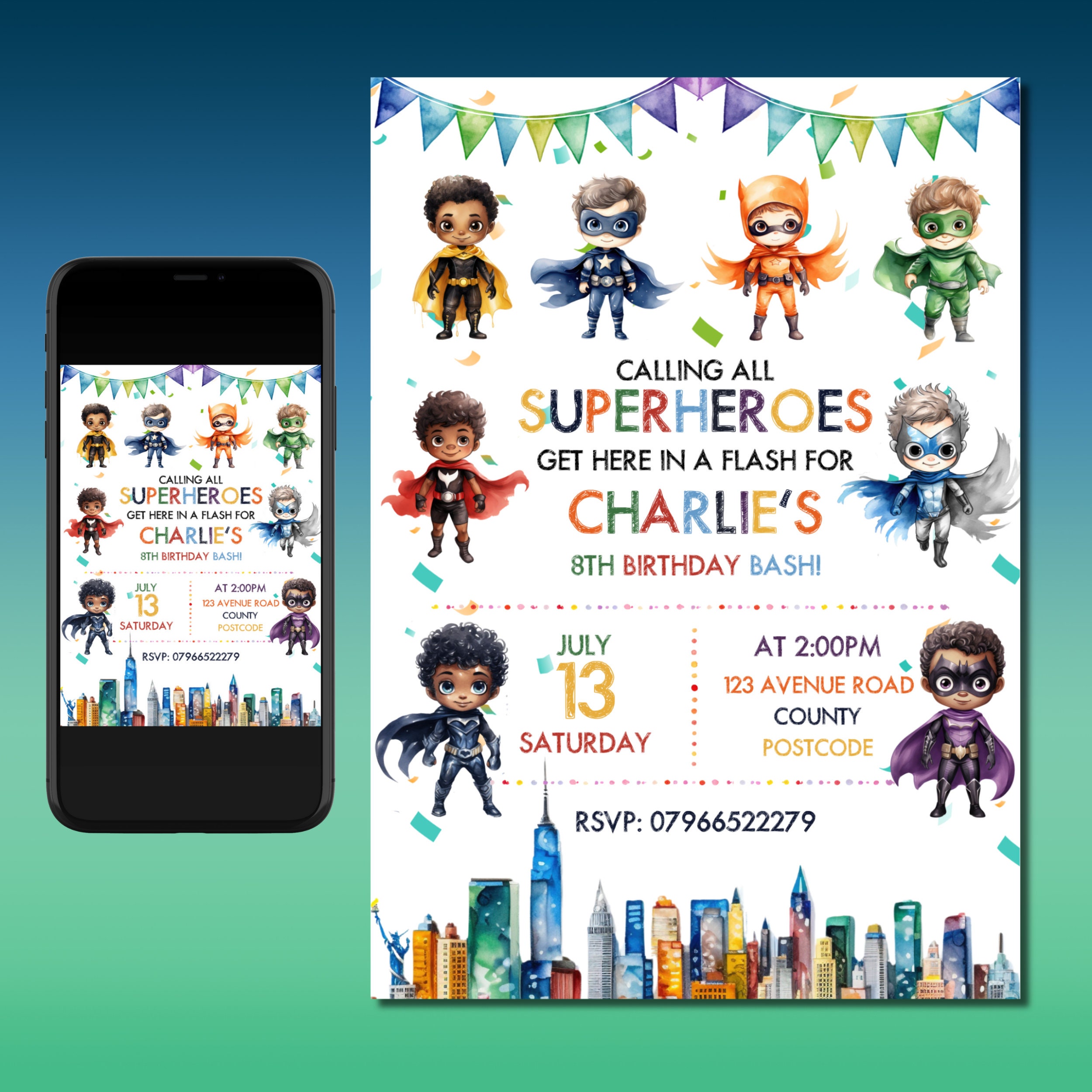 Editable Superheroes Birthday Invitation Digital, Superhero Kid Evite ...