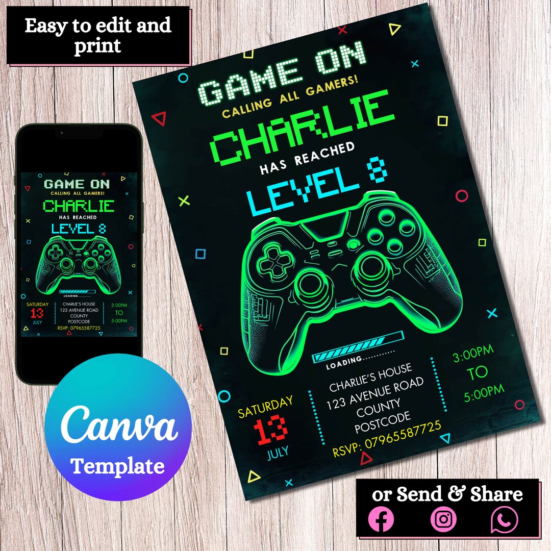 Editable Video Game Party Invitation, Level up Birthday Invite, Gamer ...