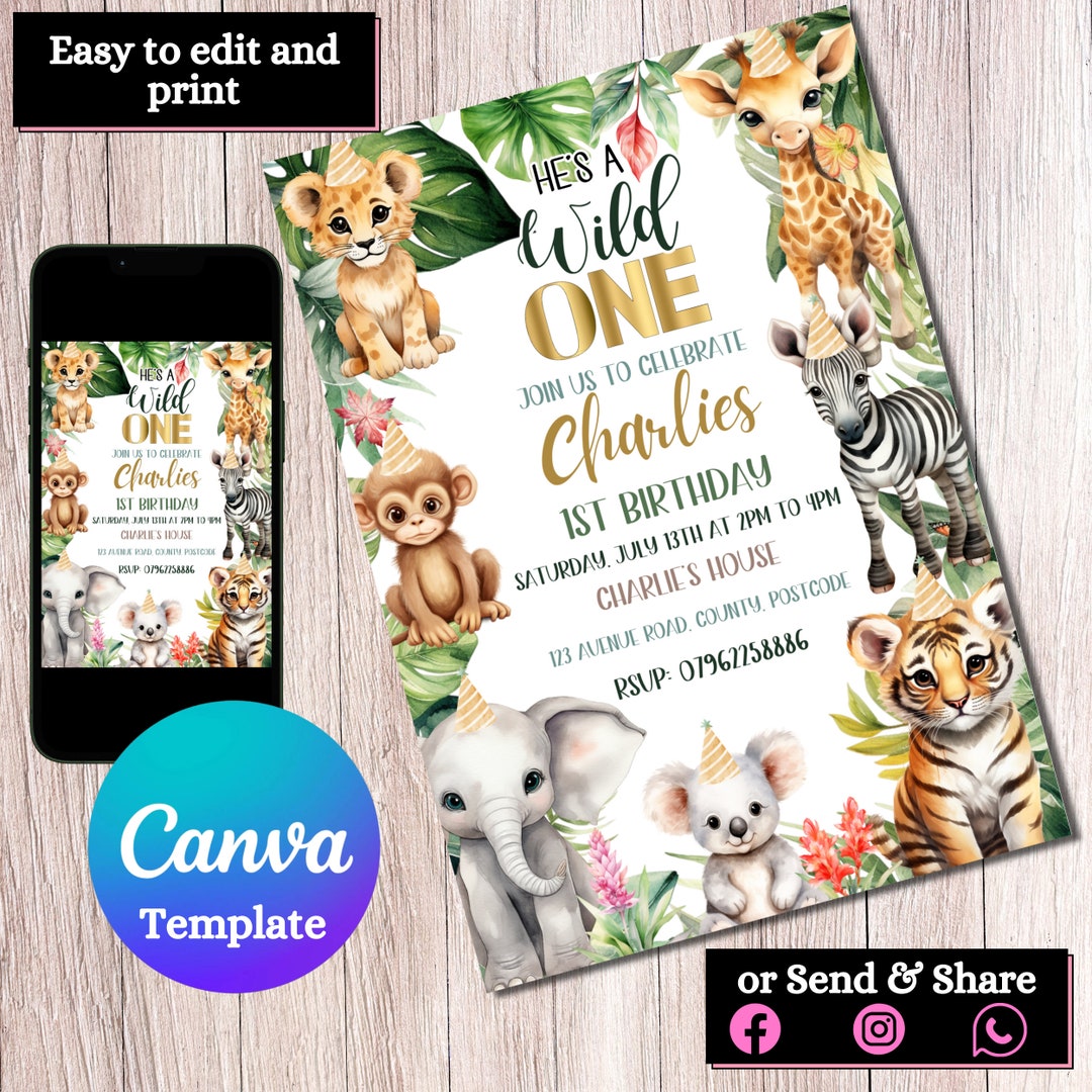 Editable Wild One Leopard Print Jungle Birthday Party Invitation ...