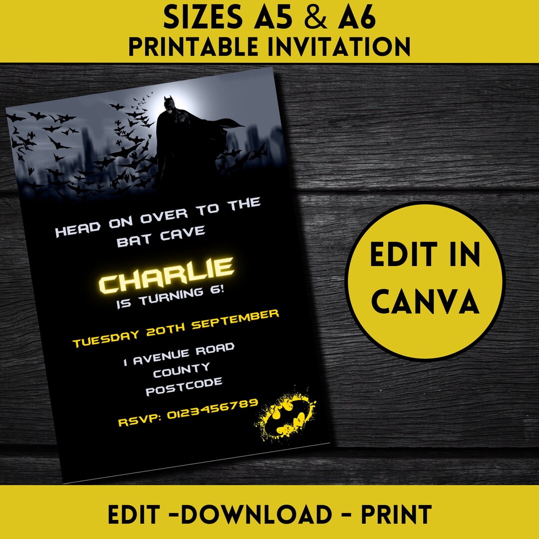 Batman Party Invitation Digital Download Editable Invite - Etsy
