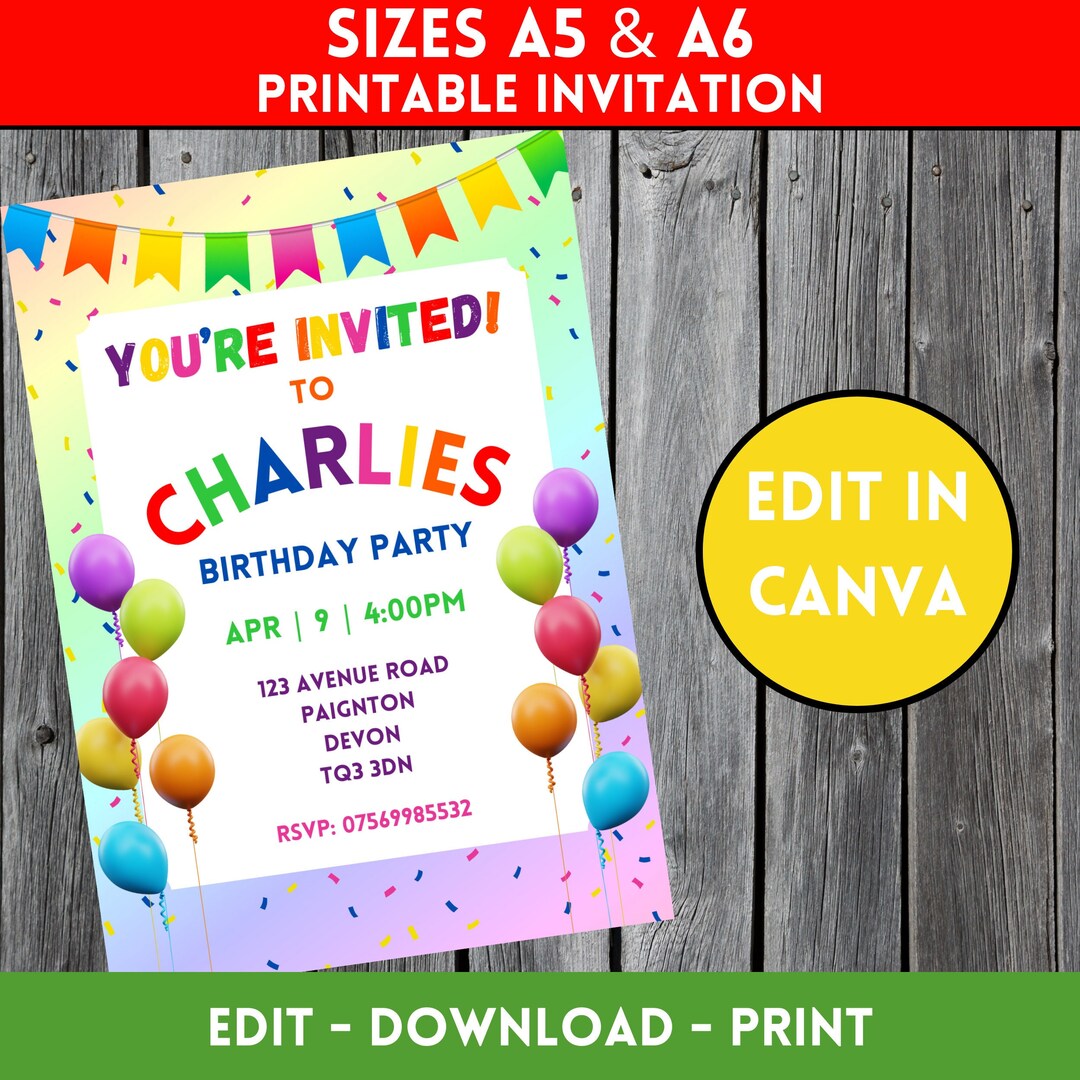 EDITABLE, Rainbow Birthday Invitation, Any Age, Watercolor, Rainbow ...