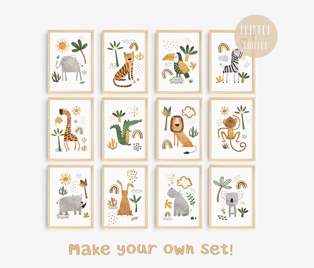 Custom Boho Jungle Animal Wall Décor, Safari Nursery Art Print Set for ...