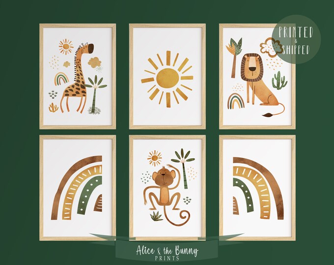 Green Boho Nursery Wall Art Prints, Safari Animals Décor for Boy or ...