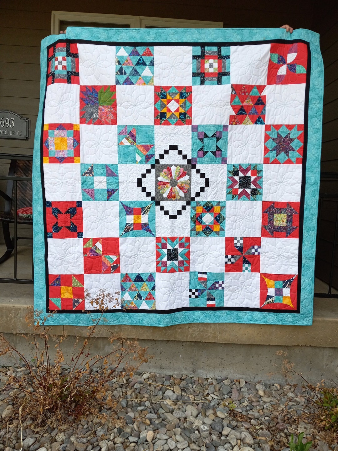 Sampler Style Quilt in Teal and Lipstick Red - Etsy