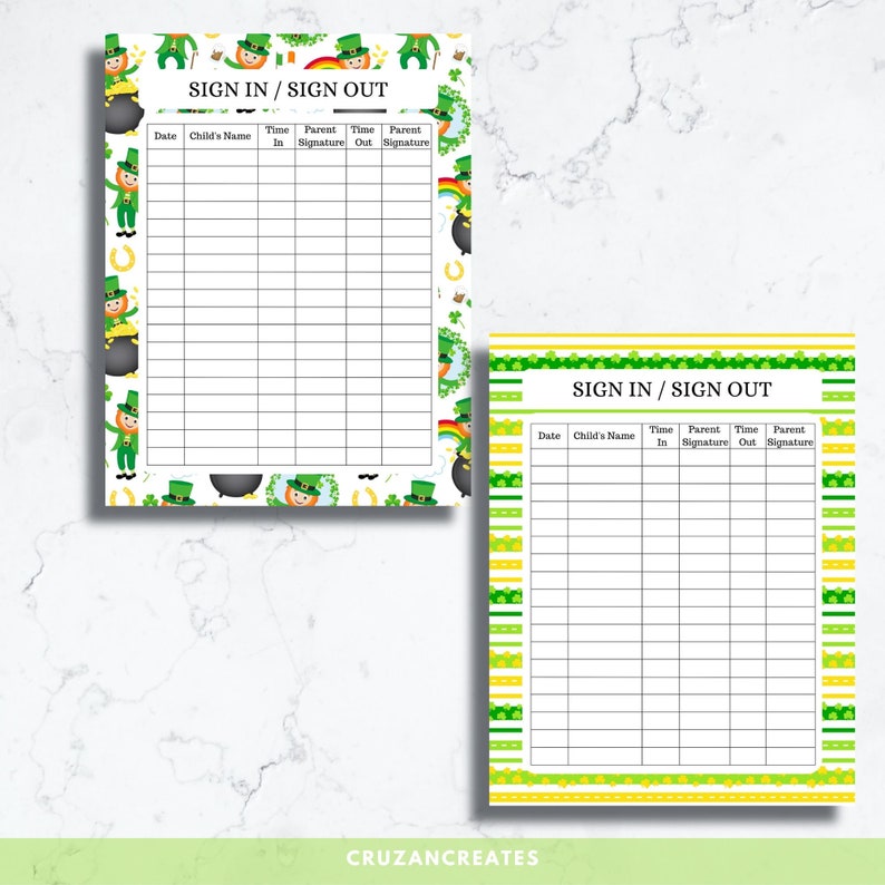 St Patricks Day Sign in Sheet | Daycare Sign in Sheet | Sign in and Out ...