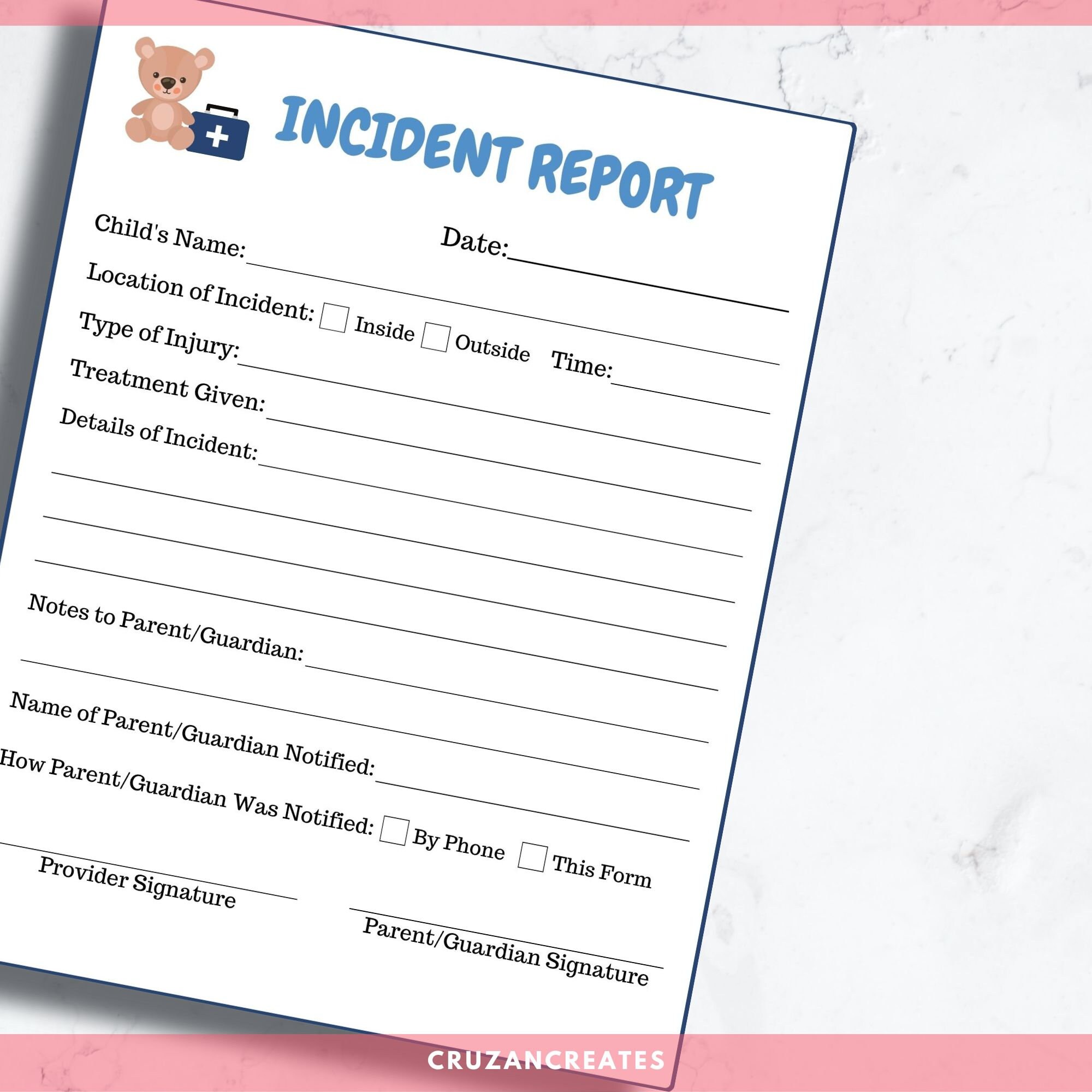 Incident Report | Ouch Report | Childcare Incident Report | Daycare ...