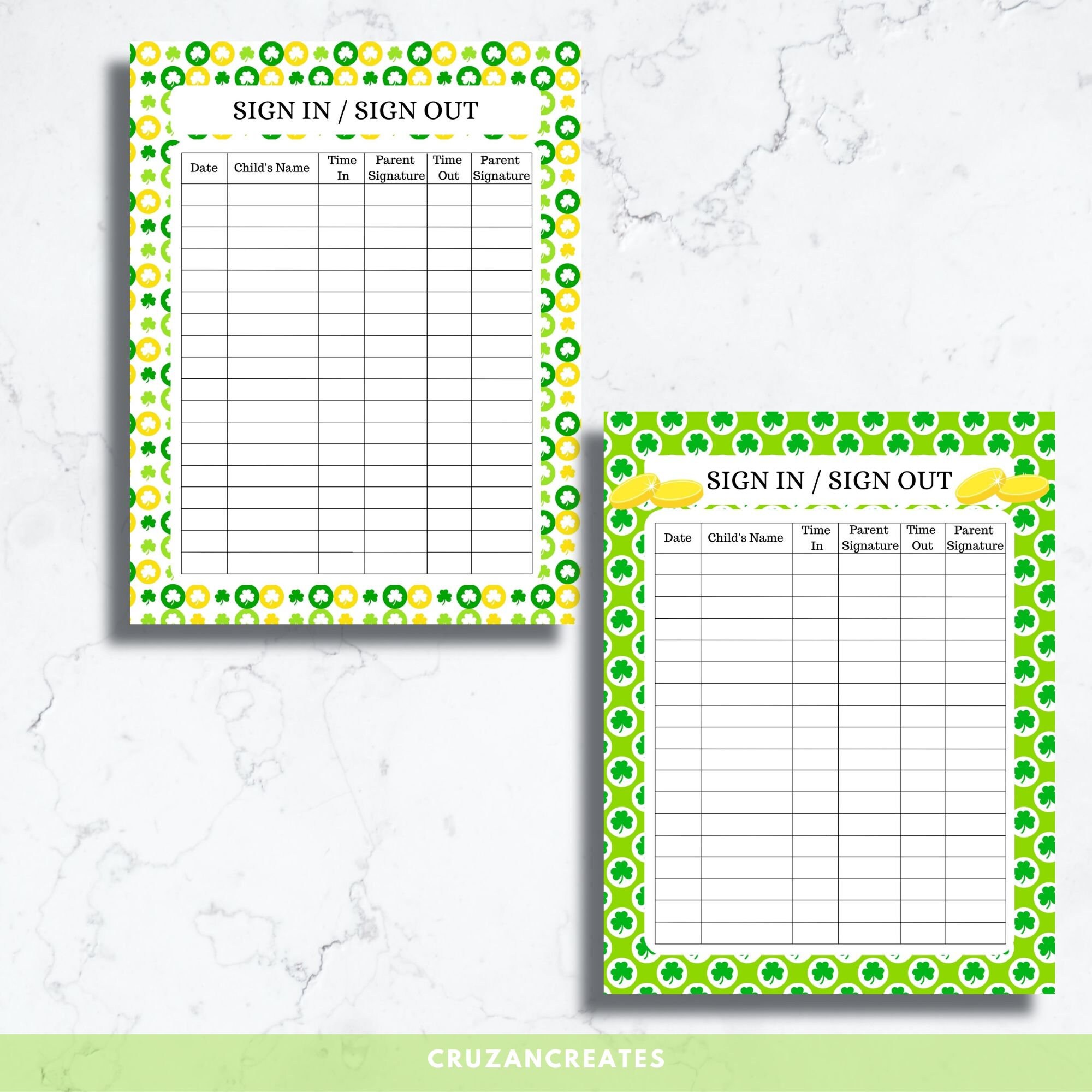 St Patricks Day Sign in Sheet | Daycare Sign in Sheet | Sign in and Out ...