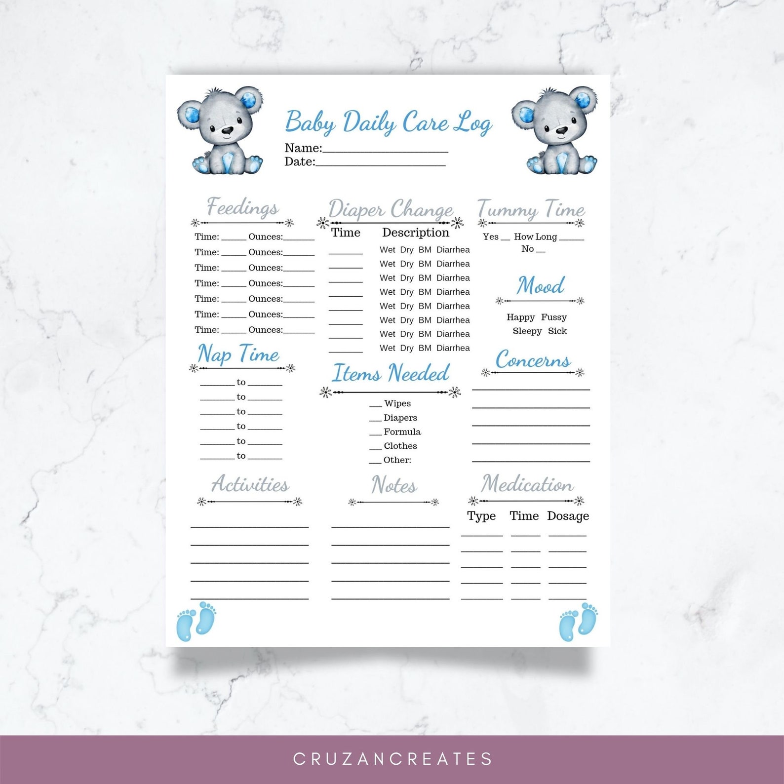 Nanny Log | Baby Log | Infant Daily Report | Infant Log | Daycare Log ...