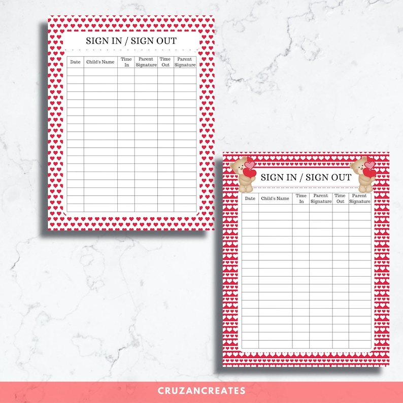 Valentine's Sign in Sheet | Daycare Sign in Sheet | Sign in and Out ...