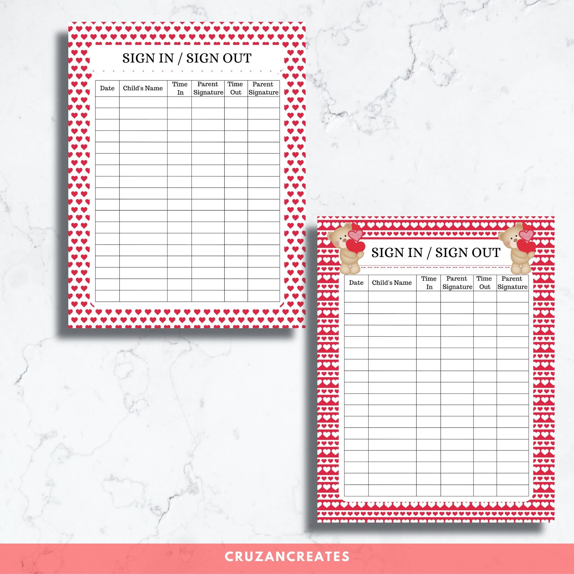 Valentine's Sign in Sheet | Daycare Sign in Sheet | Sign in and Out ...