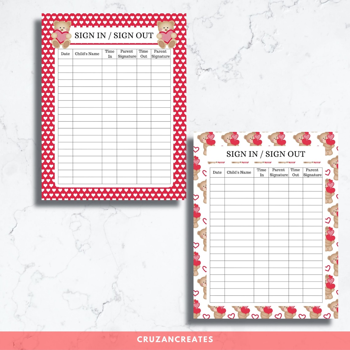 Valentine's Sign in Sheet | Daycare Sign in Sheet | Sign in and Out ...