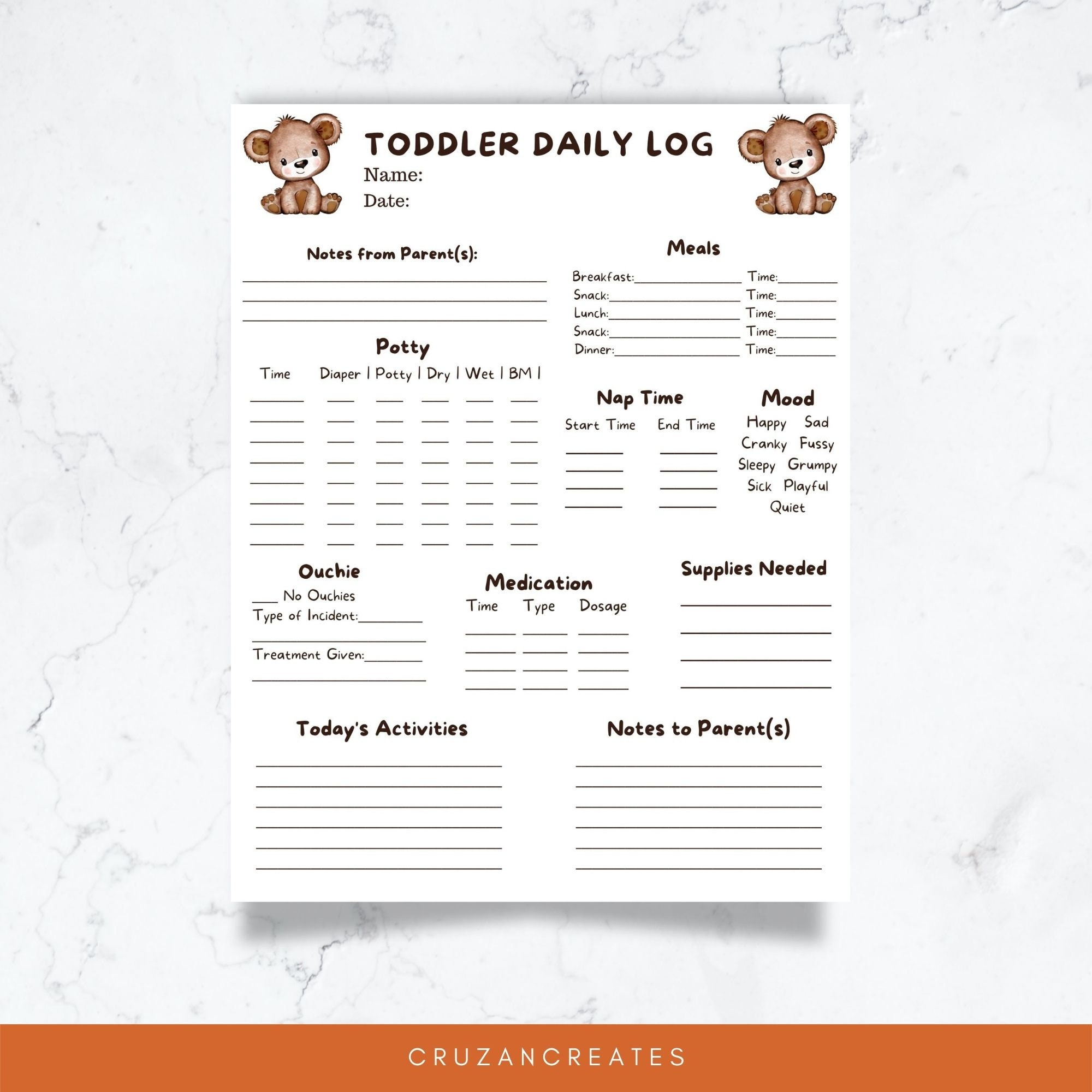 Toddler Daily Log: Daily Log for Daycare, Babysitter, Nanny | Printable ...