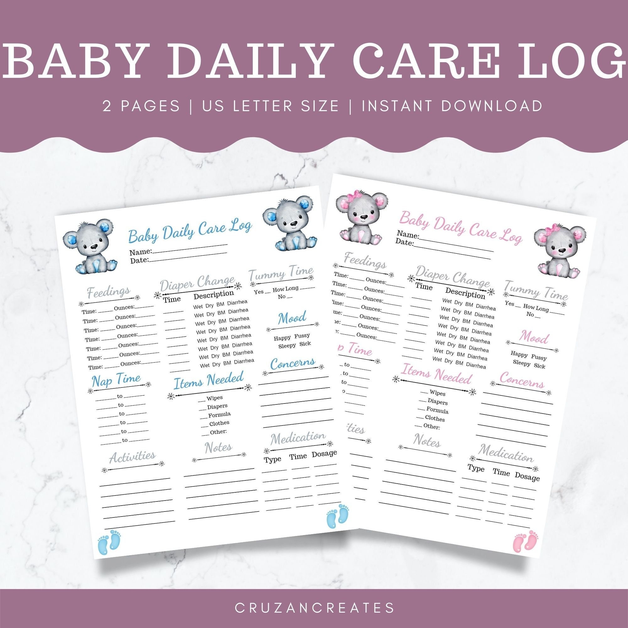 Nanny Log | Baby Log | Infant Daily Report | Infant Log | Daycare Log ...