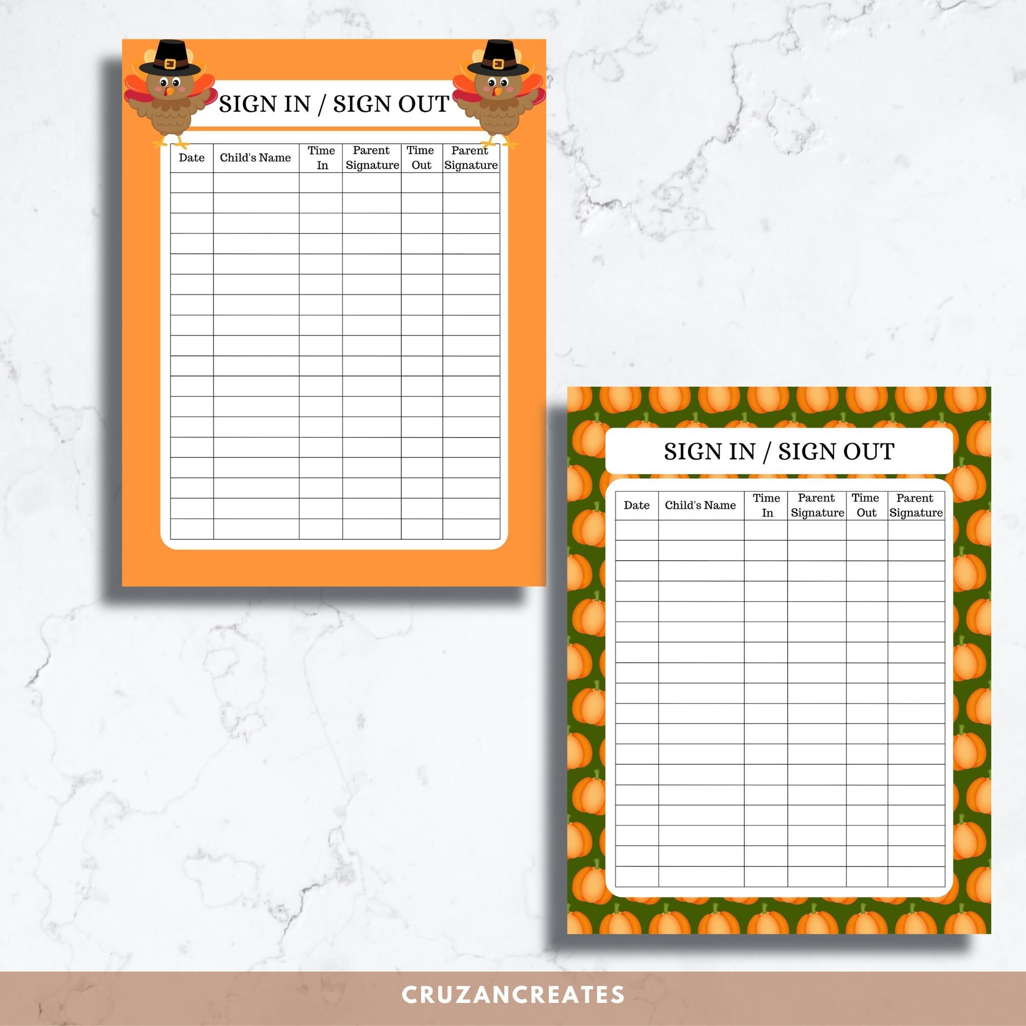 Thanksgiving Sign in Sheet Daycare Sign in Sheet Sign in and Out Form ...