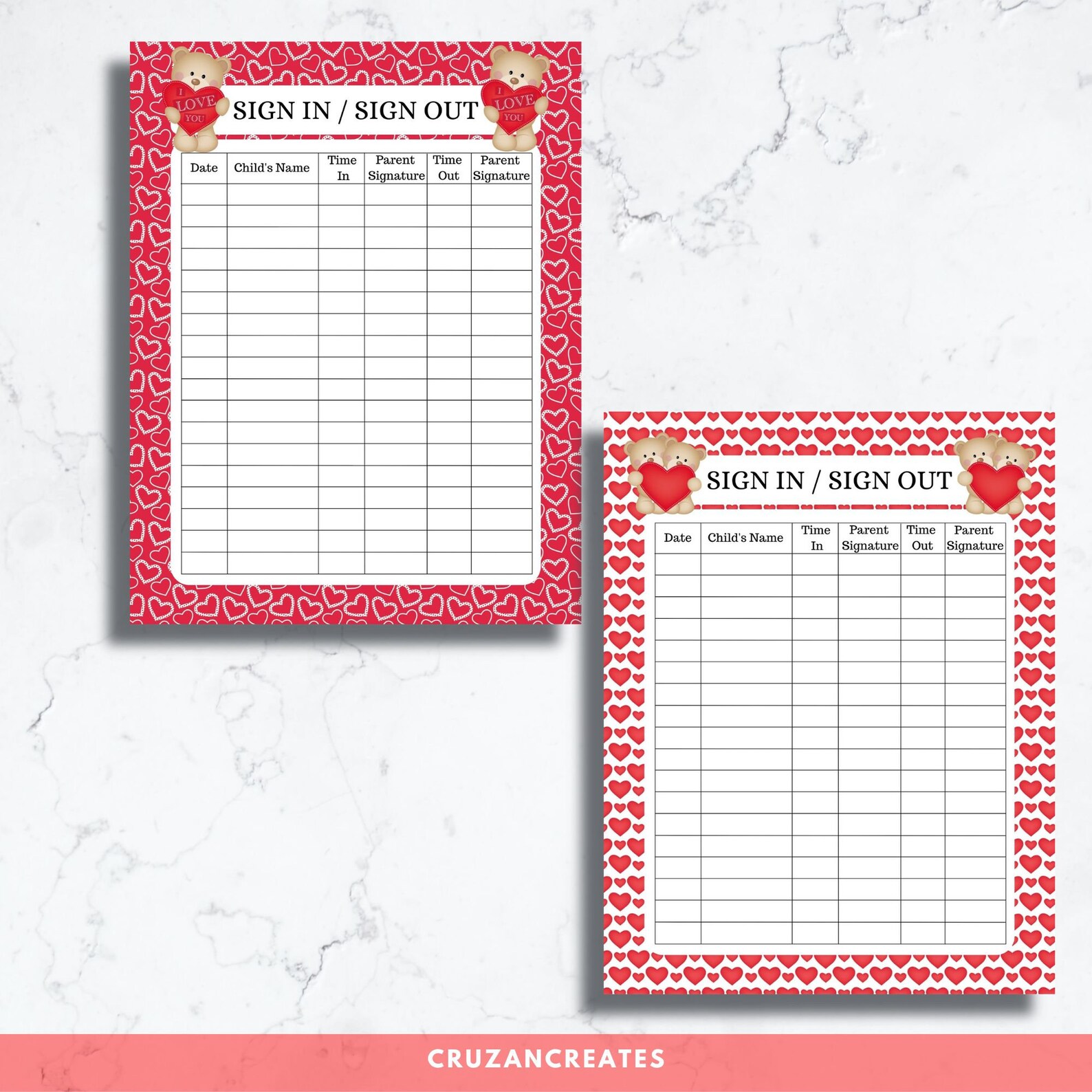 Valentine's Sign in Sheet | Daycare Sign in Sheet | Sign in and Out ...