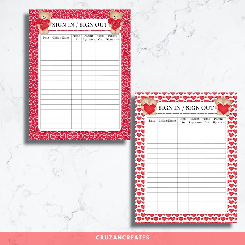 Valentine's Sign in Sheet | Daycare Sign in Sheet | Sign in and Out ...