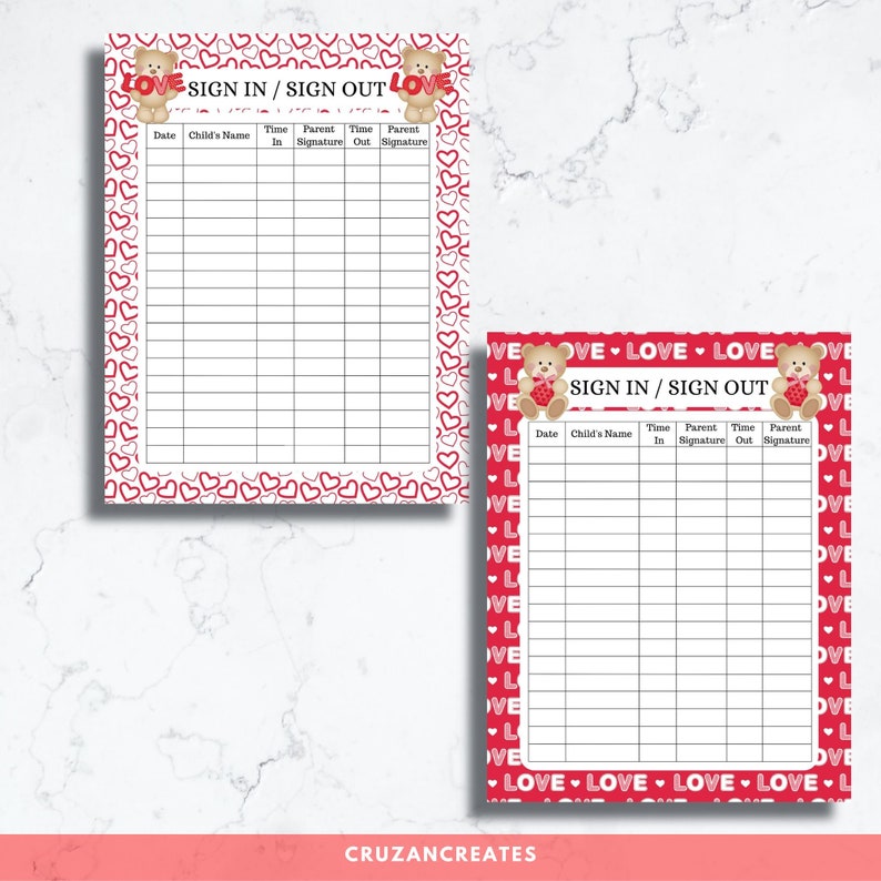 Valentine's Sign in Sheet | Daycare Sign in Sheet | Sign in and Out ...
