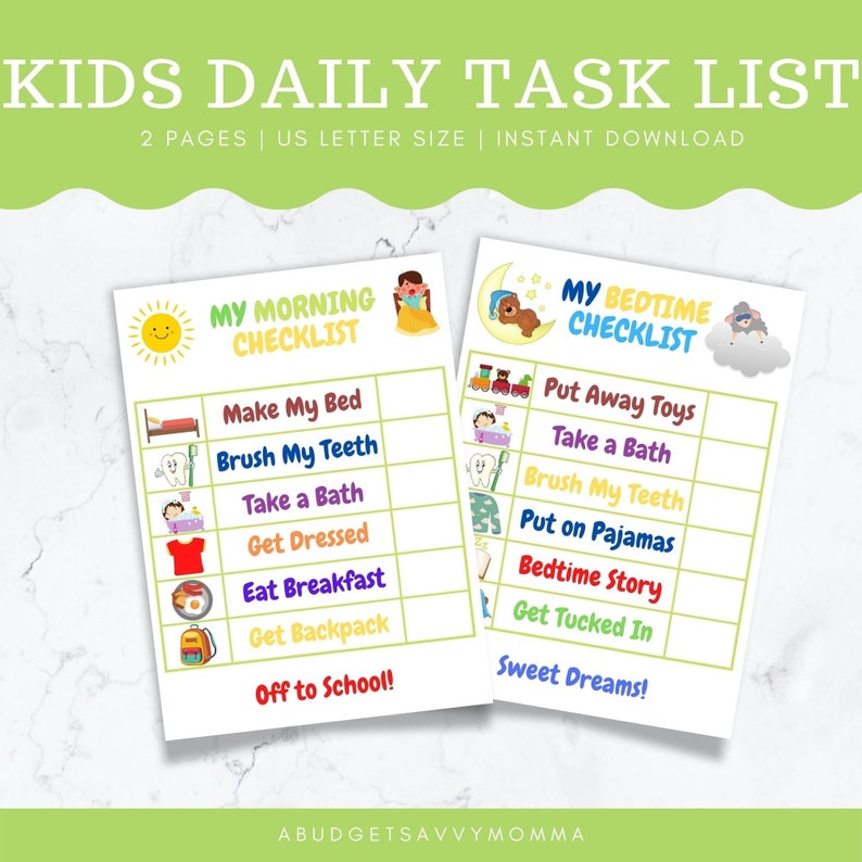 Kids Daily Task List | Responsibility Chart | Kids Daily Checklist | Kids to Do List | Kids ...