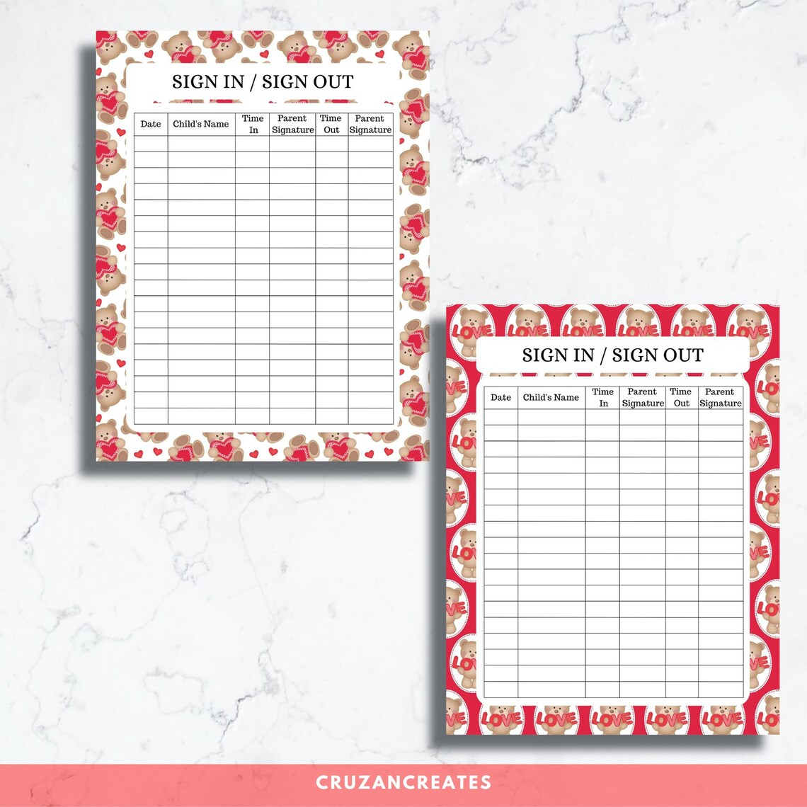 Valentine's Sign in Sheet | Daycare Sign in Sheet | Sign in and Out ...