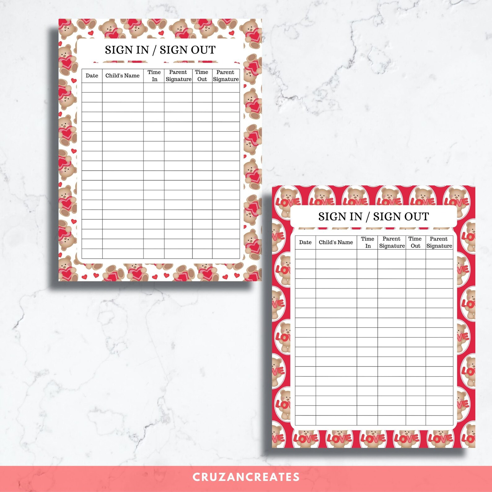 Valentine's Sign in Sheet | Daycare Sign in Sheet | Sign in and Out ...