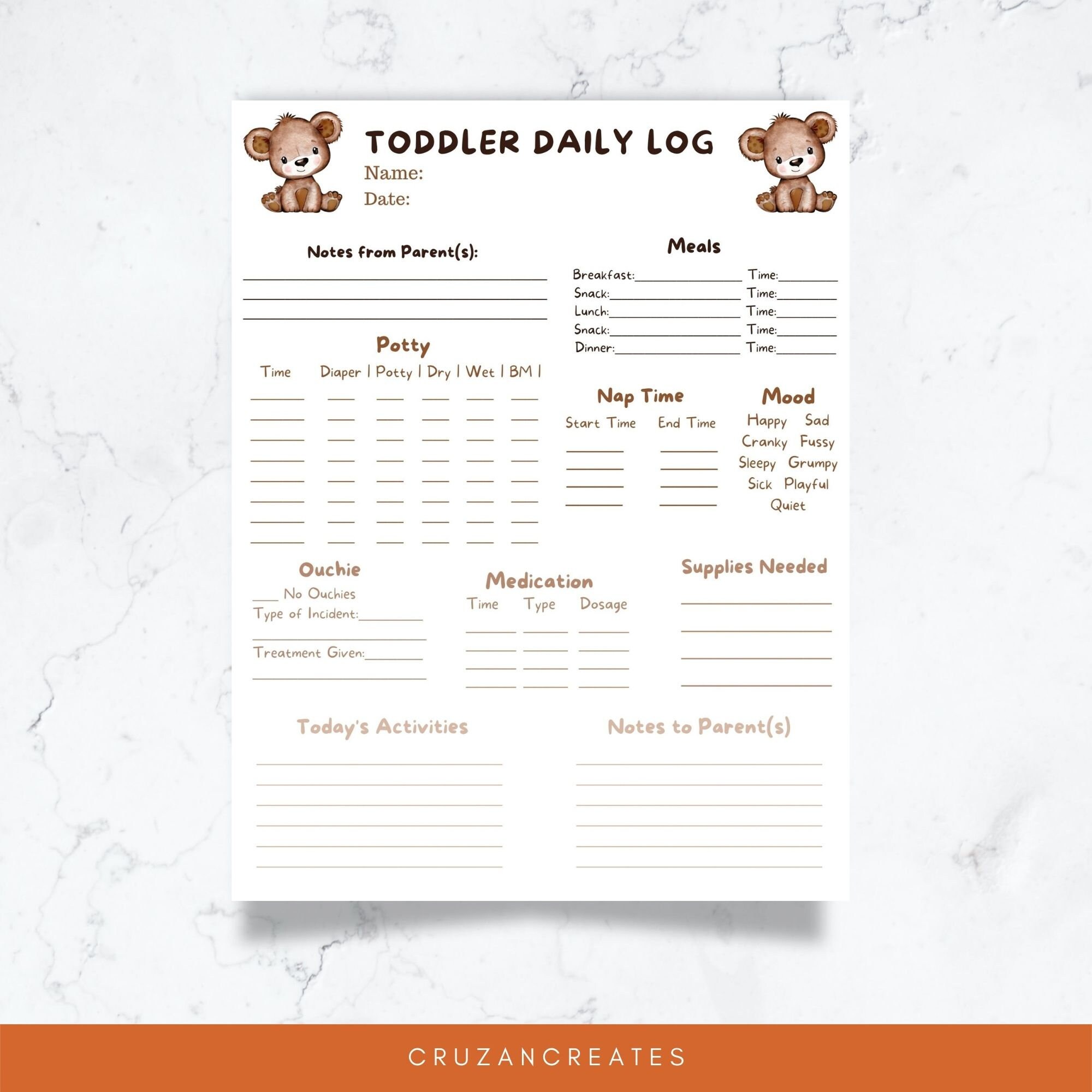 Toddler Daily Log: Daily Log for Daycare, Babysitter, Nanny | Printable ...