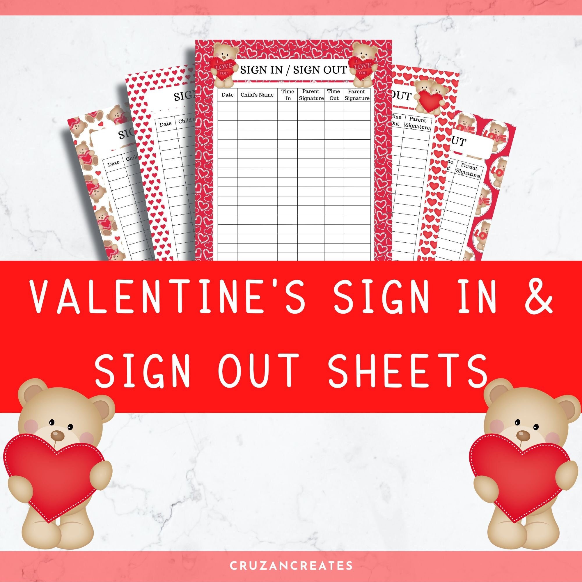 Valentine's Sign in Sheet | Daycare Sign in Sheet | Sign in and Out ...