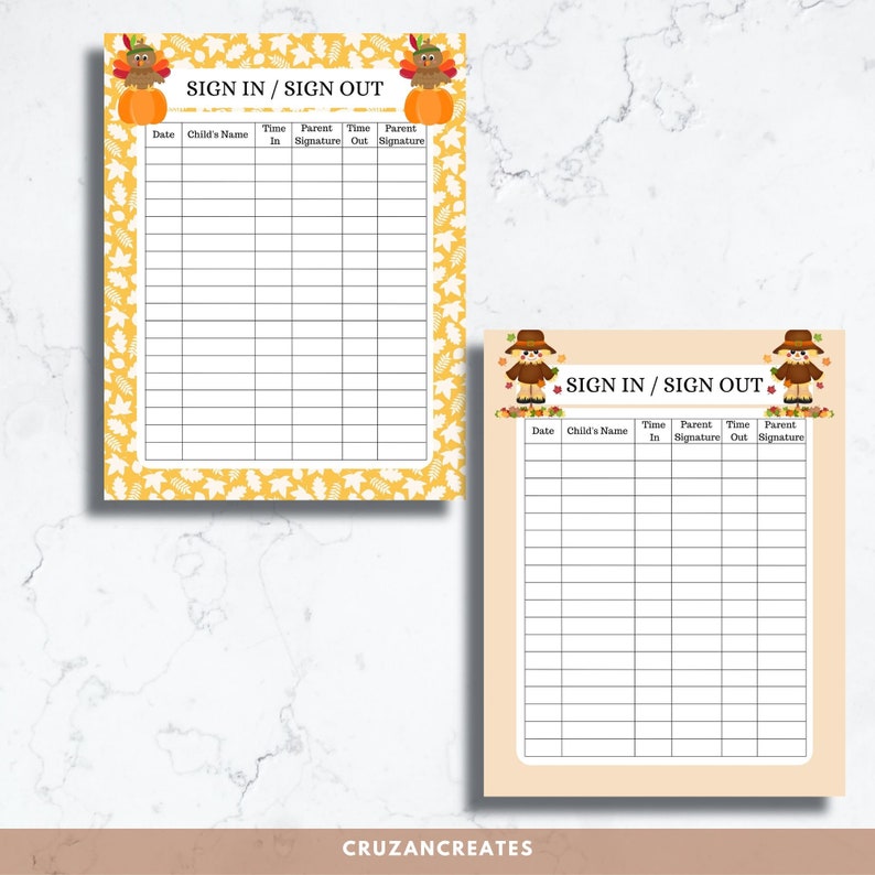 Thanksgiving Sign in Sheet | Daycare Sign in Sheet | Sign in and Out ...
