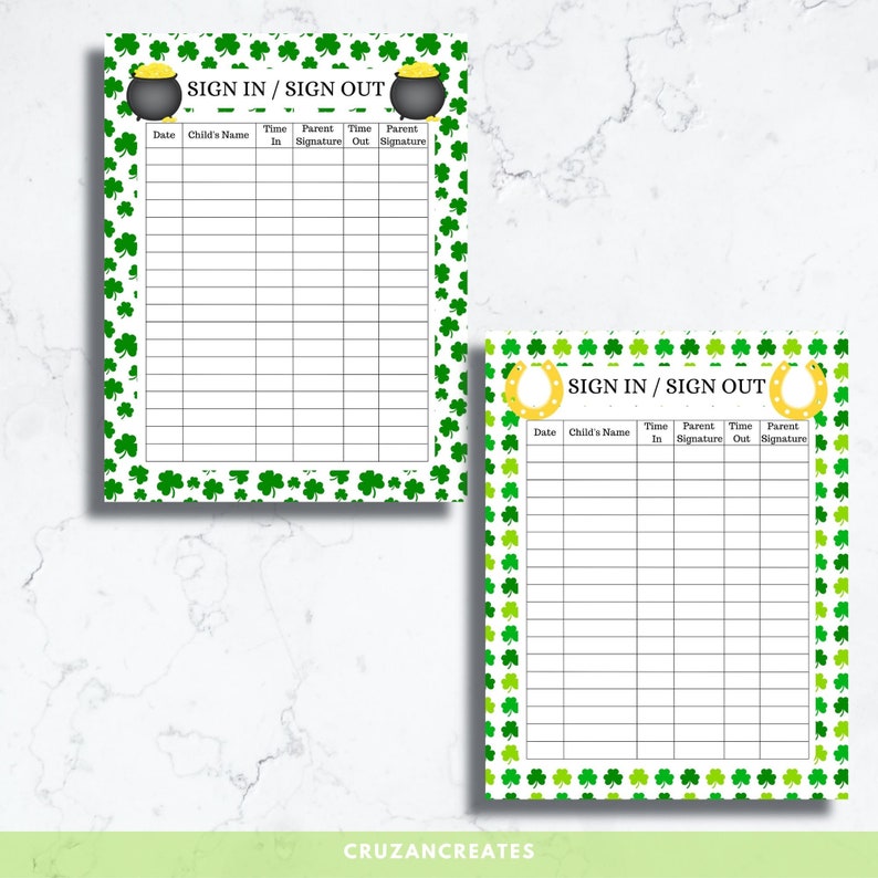 St Patricks Day Sign in Sheet | Daycare Sign in Sheet | Sign in and Out ...
