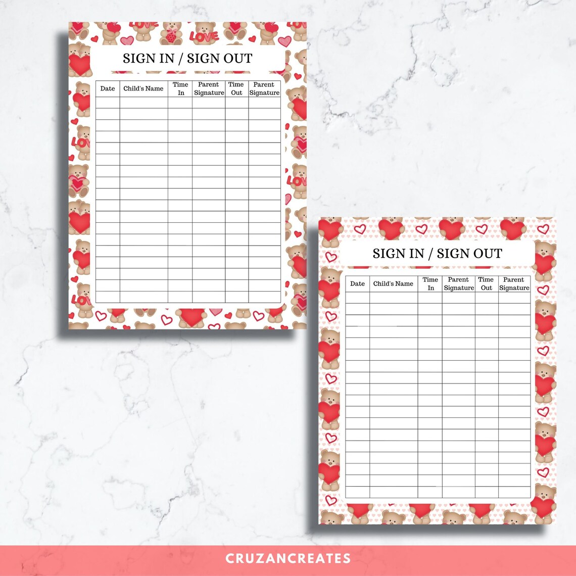 Valentine's Sign in Sheet Daycare Sign in Sheet Sign in and Out Form ...