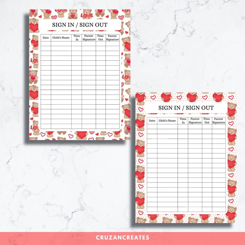 Valentine's Sign in Sheet | Daycare Sign in Sheet | Sign in and Out ...