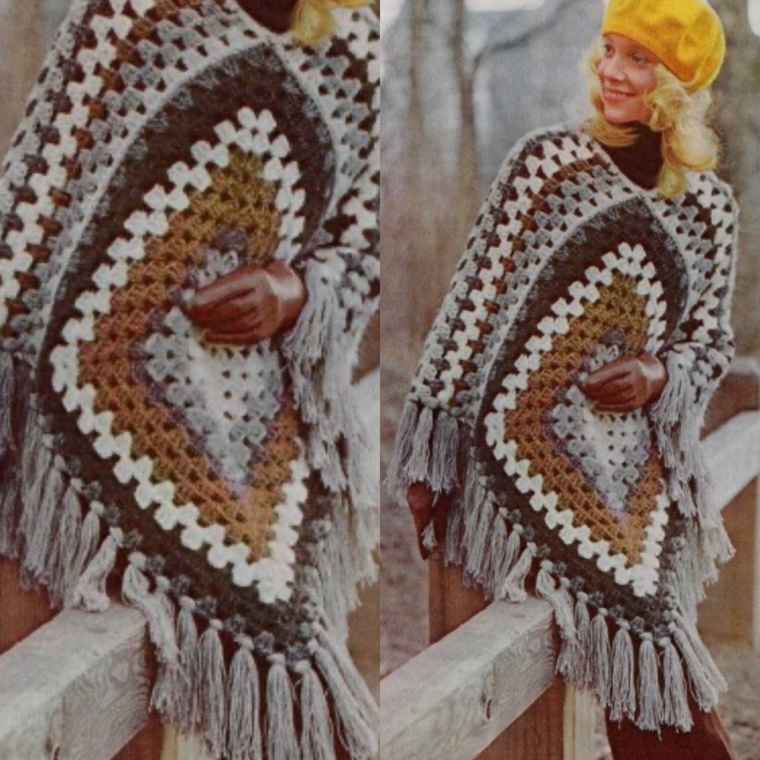 Easy Vintage Crochet Pattern Classic Retro Granny Square Poncho Sweater ...