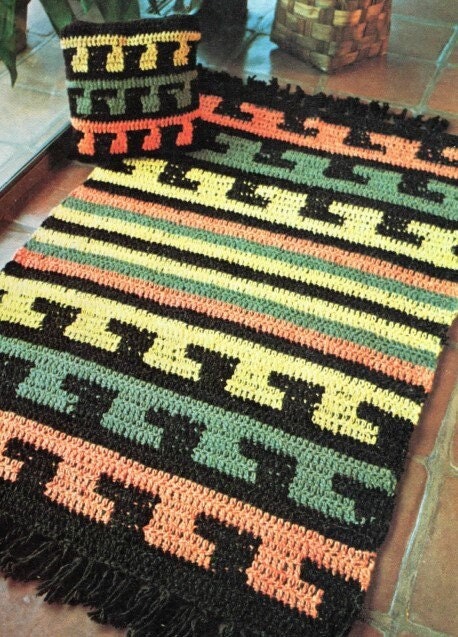 Vintage Crochet Pattern Indian Aztec Throw Rug With Pillow Set Western ...