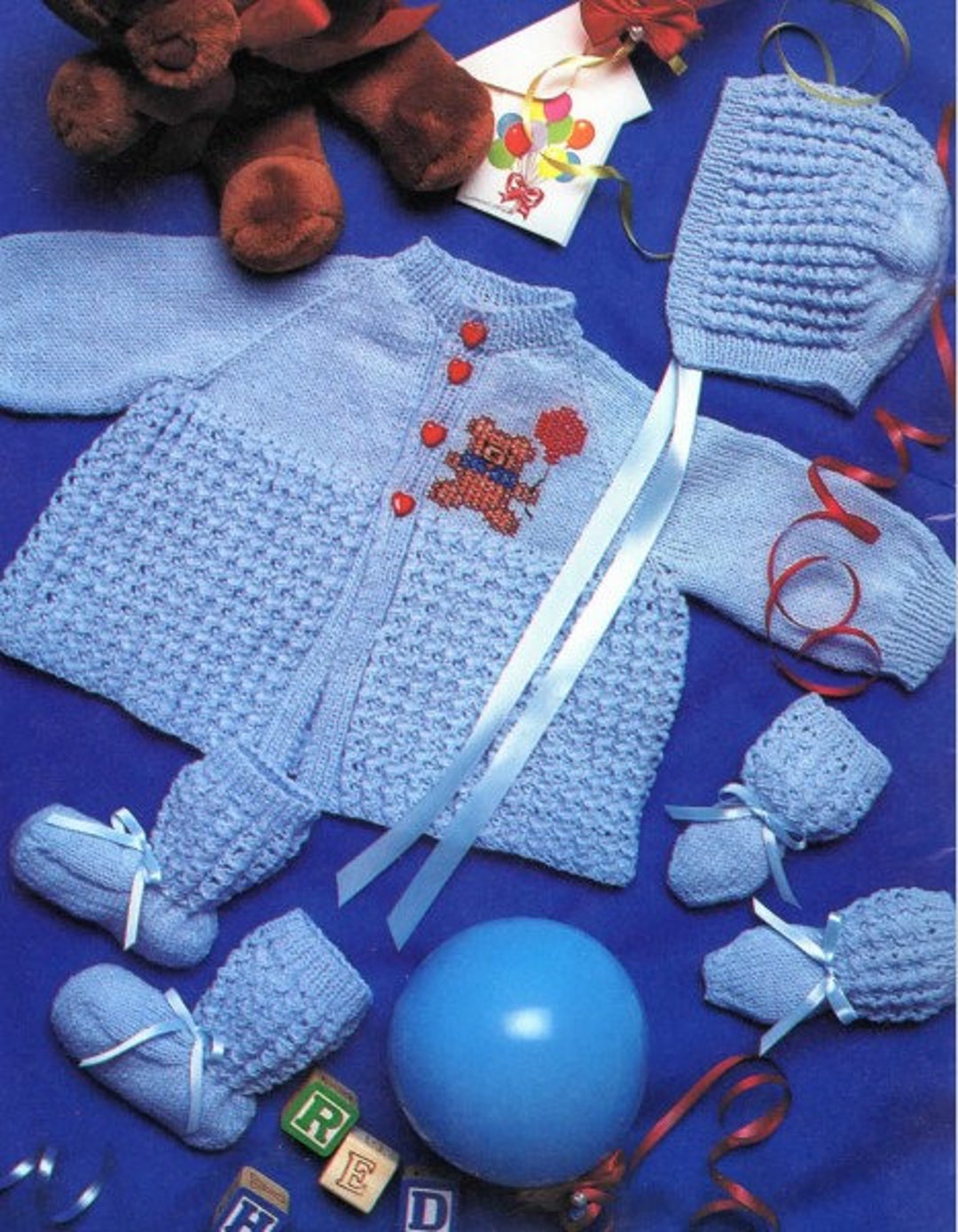 Vintage Baby Knitting Pattern Mock Cable and Bears Sacque Jacket Cap ...